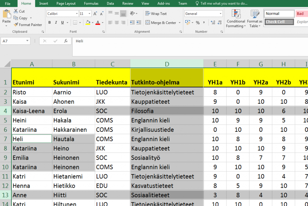 2. Rivi, sarake, solu ja valinta – TIEY4